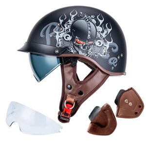 myamis half helmet motorcycle men women adults dot approved vintage half face helmet with additional clear visor and ear pads mh107 (xxl, skull rider+clear visor+ear pads)