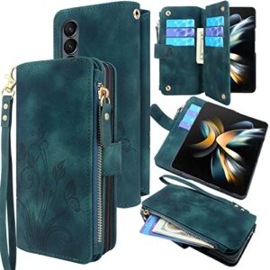 lacass [cards theft scan protection 10 card slots zipper pocket wallet case flip leather phone case cover for samsung galaxy z fold 4 / z fold4 5g (2022)(floral cyan)