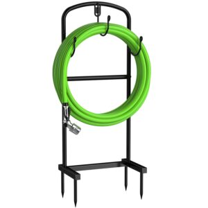 venkuber garden hose holder, freestanding hose holder stand with hanger hooks heavy duty water hose storage rack for yard outside outdoor, black