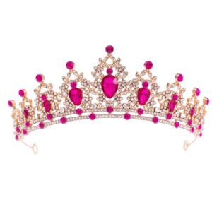 forseven crystal tiaras for women, wedding tiaras and crowns for women tiaras for girls birthday party princess crown hair accessories bride rhinestone headbands (gold+rose red)