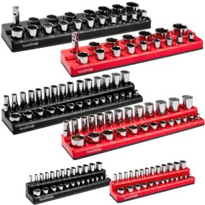 toolhldr magnetic socket organizer - metric & sae socket tool organizer storage for 1/4", 3/8", 1/2" drives - fits drawers, toolboxes, attaches to metal wall - easy-to-read - 6-pack black and red