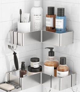 kitsure corner shower caddy - 2 pack rustproof shower organizer, durable shower shelves with large capacity, drill-free adhesive shower rack with 4 movable hooks, a soap holder, silver