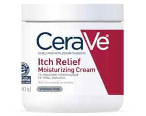 cerave moisturizing cream for itch relief, anti itch cream with pramoxine hydrochloride, relieves itchy with minor skin irritations, sunburn relief, bug bites, fragrance free, 16 ounces