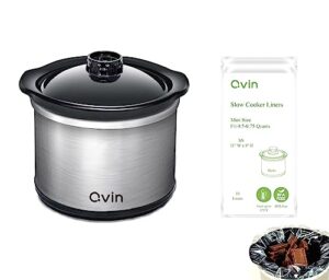 qvin 0.65-qt mini round slow cooker 1pc + 10pcs disposable liners, fondue melting pot warmer with dishwasher-safe stoneware crock, glass lid, stainless steel housing, bpa free