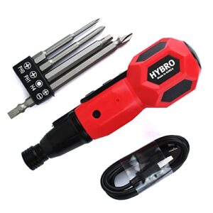 hybro rechargeable cordless 3.6v screwdriver set, electric and manual battery powered professional and home improvement tool - max 10n.m torque, 4pcs magnetic bits, usb charge, led light - h300q (red)