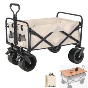 collapsible folding wagon with 150l capacity, heavy duty foldable utility garden cart with big all-terrain beach wheelsand drink holders.white