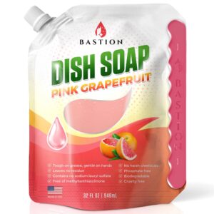 bastion dish soap - liquid dishwashing degreaser & detergent - pink grapefruit fragrance - 32oz refill pouch- all natural - cruelty-free