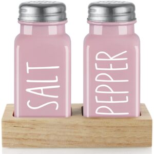 pink salt and pepper shakers set with holder - pink kitchen home decor and accessories - dopeca glass salt shaker with wood tray for kitchen counter or table -2.7 oz