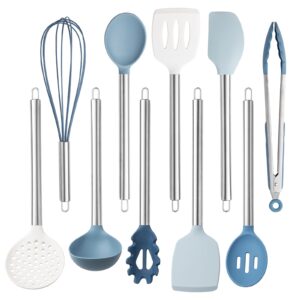 cook with color silicone cooking utensils, kitchen utensil set, easy to clean silicone kitchen utensils, cooking utensils for nonstick cookware, kitchen gadgets set, 10 pieces, blue and white