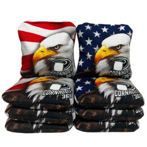 cornhole365 themed cornhole bags - all-weather, heavy-duty fabric, resin filling, double-stitched duck cloth - professional corn hole bean bags for indoor & outdoor use - american eagle - set of 8