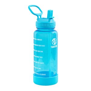 takeya 32 oz motivational water bottle with straw lid with time marker, premium quality bpa free tritan plastic, breezy blue