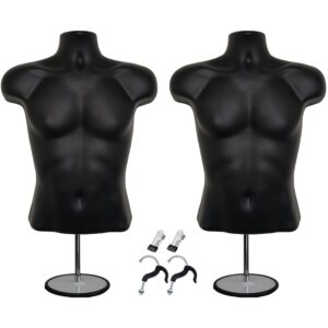 displaytown 2 black male mannequin hollow back body torso set w/ clothes clips, metal stands and metal poles & hanging hooks, s-m sizes