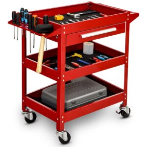 ergomaster metal service utility cart with wheels - 500lbs tool cart heavy duty rolling 3-tier storage organizer, for garage industrial cart (red)