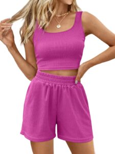 trendy queen two piece summer outfits 2 piece sets 2025 sleeveless matching lounge crop top high waisted short hotpink xl