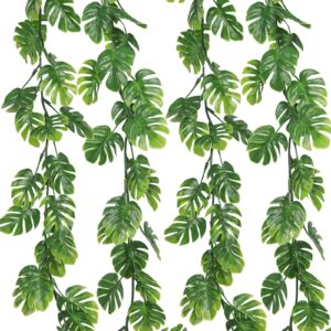 recutms 4pcs artificial monstera leaves vines, 5.9ft fake hanging plant ivy faux tropical palm leaf greenery garland for garden porch patio jungle luau beach birthday party indoor outdoor spring décor