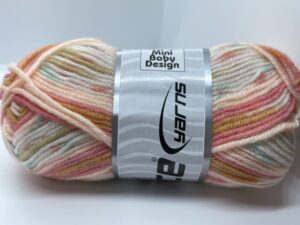 salmon mini baby design dk yarn - acrylic wool blend self-patterning yarn 50 gram, 142 yards - salmon, amber blue, white +