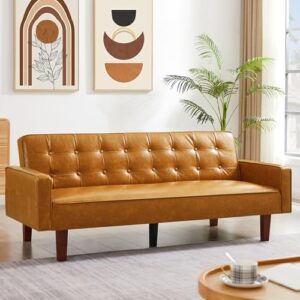 homies life faux leather futon couch, mid century modern futon sofa with memory foam, convertible futon sofa bed for small spaces, living room, office, brown