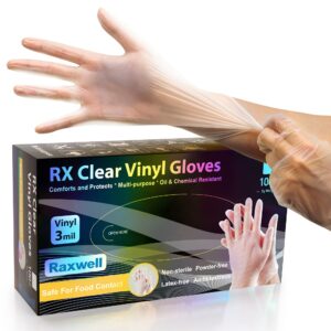 raxwell vinyl gloves | clear plastic disposable gloves | latex free, powder free, food safe | 100 count - ideal for food handling, food prep, non-sterile cleaning, hair dye & more