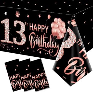 3 pack 13th birthday tablecloth decorations for girls，rose gold happy 13 birthday table cover party supplies, 13 years old birthday plastic disposable rectangular table cloth decor