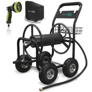 impacthor garden hose reel cart - 4 wheels heavy duty hose cart, nozzle & waterproof cover cart included - holds up to 250 feet 5/8 inch hose