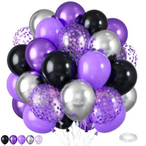 50pcs purple and black balloons, 12inch purple metallic silver black balloons purple confetti balloons with ribbons for halloween decorations birthday party anniversary graduation decoration