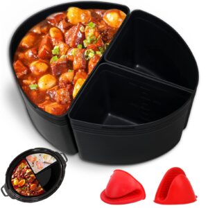 silicone slow cooker divider liner fit crockpot 6qt 7qt, reusable & leakproof divider insert, dishwasher safe cooking liners for crock pot 6 quart / 7 quart, bpa free,black