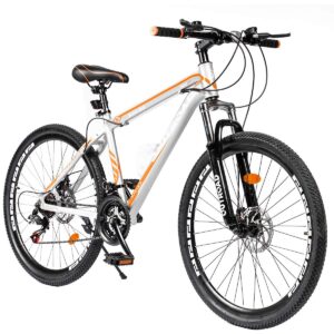 max4out mountain bike 26 inch wheel 7/21 speed mountain bicycle for men and women, high carbon steel frame road bike with daul disc brakes(silver)