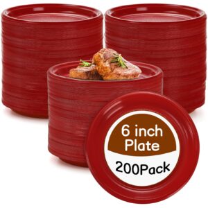 coloch 200 pieces 6 inch red disposable plates, plastic dessert plates bulk round party plates multi-purpose appetizer plates for cake, dessert, fruit, barbecue, party, picnic, wedding