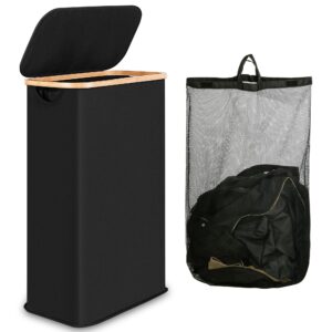 iegrow 60l slim laundry hamper with lid,black hampers for laundry,narrow laundry basket with removable inner bag & bamboo handles,tall thin clothes hamper for clothes toys towels organization