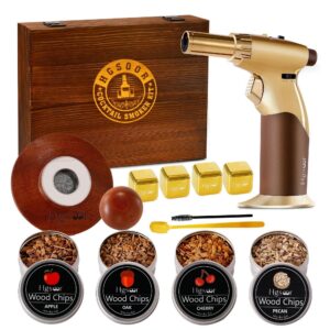 hgsoor whiskey smoker kit - old fashioned drink smoker kit - cocktail smoker kit with torch, 4 flavors wood chips, 4ice cubes, bourbon smoker kit, bourbon whiskey gifts for men,dad (no butane)