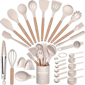 28 pcs silicone cooking utensils kitchen utensil set - 446°f heat resistant, turner tongs, spatula, spoon, brush, whisk, wooden handle, kitchen gadgets with holder for nonstick cookware (khaki)