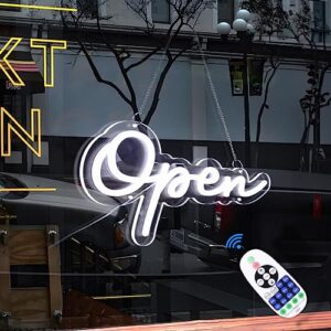 open signs for business, 15"x 7.3" led neon open sign with remote on/off switch adjustable brightness open neon signs for restaurant bar salon stores hotel wall decor light open sign (white)