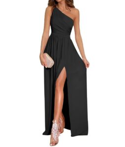 lyaner women's one shoulder high split sleeveless ruched cocktail sexy maxi long dress black x-small