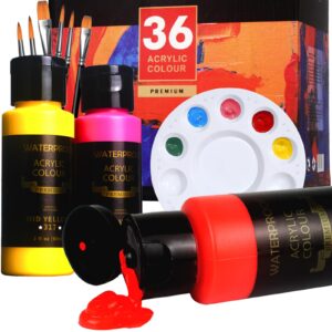 colorful acrylic paint set for canvas painting with 36 colors (60ml, 2oz), 6 brushes and 1 palette - permanent art craft paints gifts for kids, beginners, adults & artists - non-toxic painting