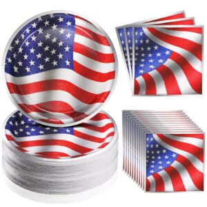 mumufy 100 pcs american flag patriotic plates and napkins 4th of july party supplies july 4th disposable paper plates napkins for veterans day independence day decoration, serves 50(vivid)