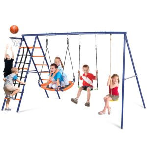 legooin swing sets for backyard, 550lbs-6 in 1 heavy duty metal swing set with 3 swings climbing net ladder and basketball hoop, waterproof kids swing sets for backyard for indoor outdoor playground