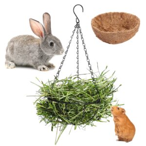 vczone metal frame rabbit hay feeder with hanging basket, timothy hay and coconut fiber nest, for guinea pig, rabbit, chinchilla