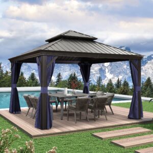 purple leaf 12' x 12' hardtop gazebo aluminum frame with galvanized steel double roof for patio lawn and garden, navy blue curtains and netting included grey outdoor gazebo