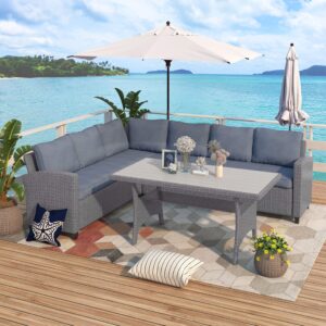 merax outdoor patio furniture conversation set, all weather brown pe rattan wicker sectional sofa with cushions and table, grey