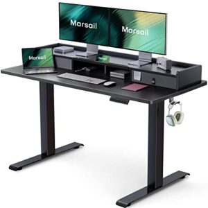 marsail electric standing desk with dual drawers, 55 x 24 inches height adjustable desk with storage shelf, sit stand desk with 4 memory preset, 2 storage hooks, stand up desk for home office, black