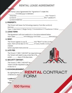 rental contract form: simple rental lease agreement forms book | one agreement form per page | residential housing agreement log book | up to 100forms | 8.5x11 inch. month-to-month