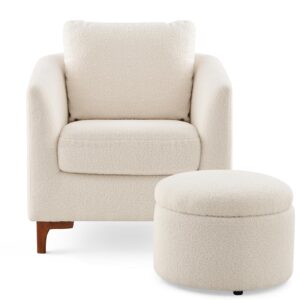 colamy sherpa accent chair with storage ottoman set, upholstered barrel arm chair with footrest, modern living room chair with back pillow, cream