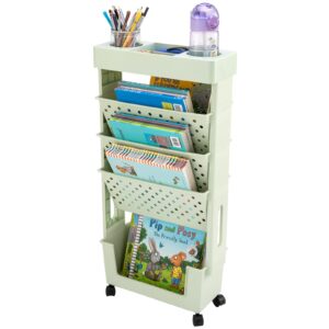 cinpiuk rolling office paper organizer, mobile book cart document folder file storage with pen holder, slim rolling storage cart movable bookshelf for office, dorm, classroom, nursery, green