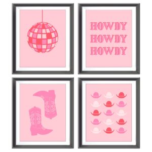 hot pink howdy western cowgirl boots hats bull skull disco ball poster prints for home girls room dorm decor,preppy decorations prints wall art unframed 4pcs 8x10 inches,teen girls cowgirls gifts