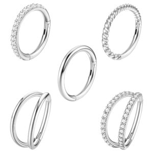 cassieca 5pcs 16g surgical steel nose rings hoop for women cz clicker hinged septum ring lip helix cartilage double hoop earring daith rook conch body piercing jewelry for women 8mm