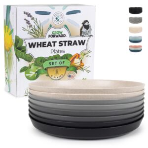 grow forward premium wheat straw plates - 10 inch reusable hard plastic dinner plates set of 8 - unbreakable microwave safe plates for dessert, camping, rv, outdoors, patio, kitchen dishes - moonlight