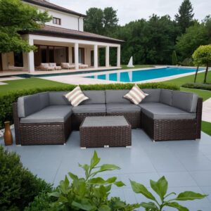 7 piece outdoor patio furniture sets with cushions, outdoor pe rattan wicker sectional conversation patio couch sofa set with coffee table, for garden, deck, poolside, gray