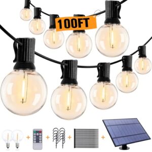 dott arts solar string lights - 100ft, 52 bulb globe outdoor solar lights with remotes, dimmable for patio, backyard, garden, porch, party