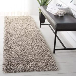 safavieh hudson shag collection runner rug - 2'3" x 12', ivory & grey, chevron design, non-shedding & easy care, 2-inch thick ideal for high traffic areas in living room, bedroom (sgh375a)