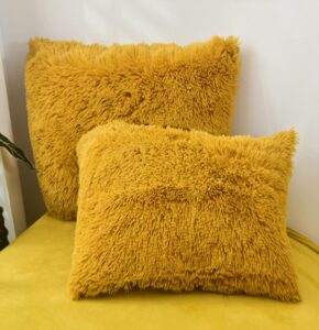 morromorn shaggy throw pillow covers, luxury long faux fur decorative pillows shams, square pillow cases set, pack of 2 cushion cover for bed couch soft fluffy shaggy room decor (mustard yellow)